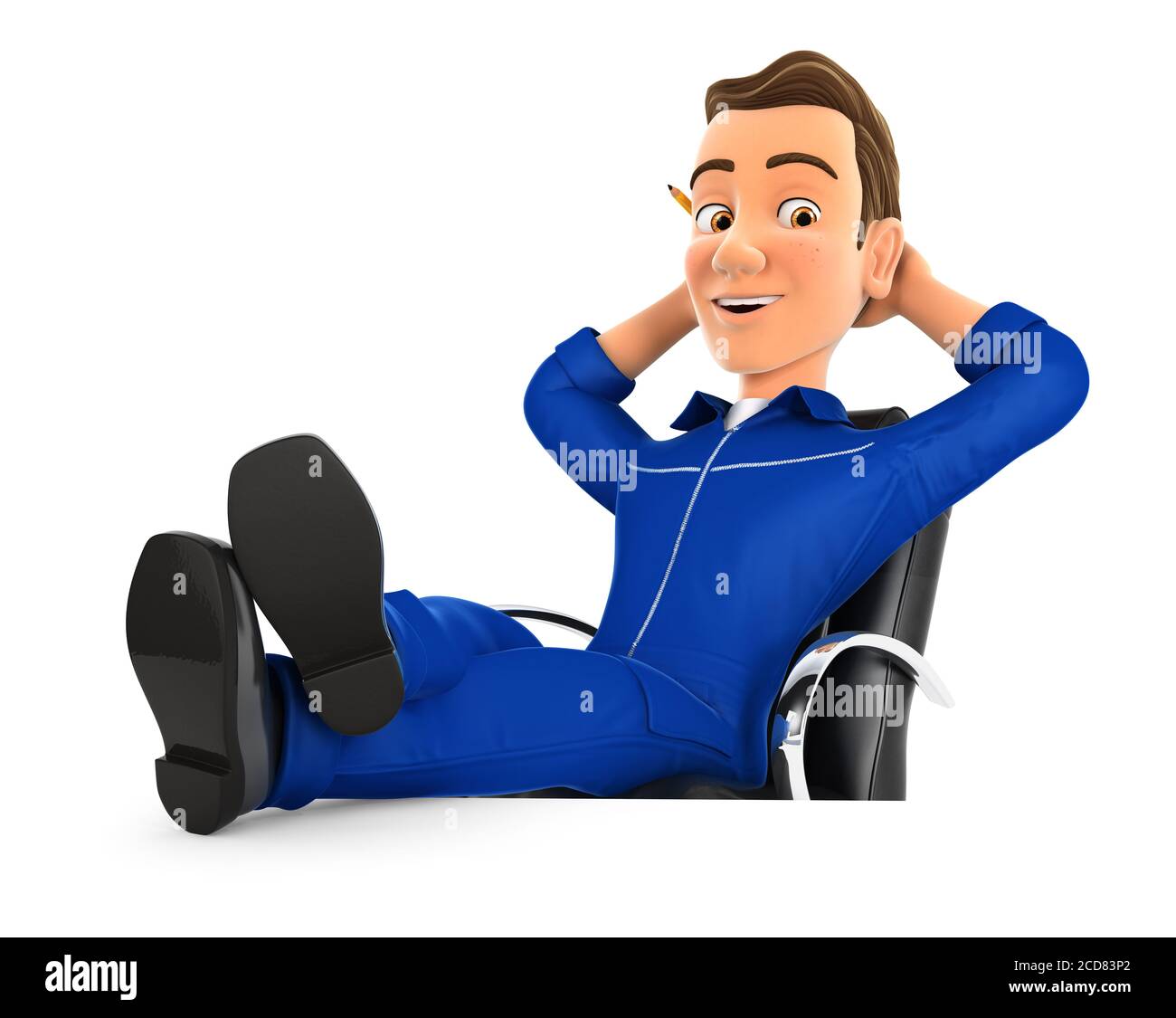 3d mechanic relaxing with feet up on his desk, illustration with ...