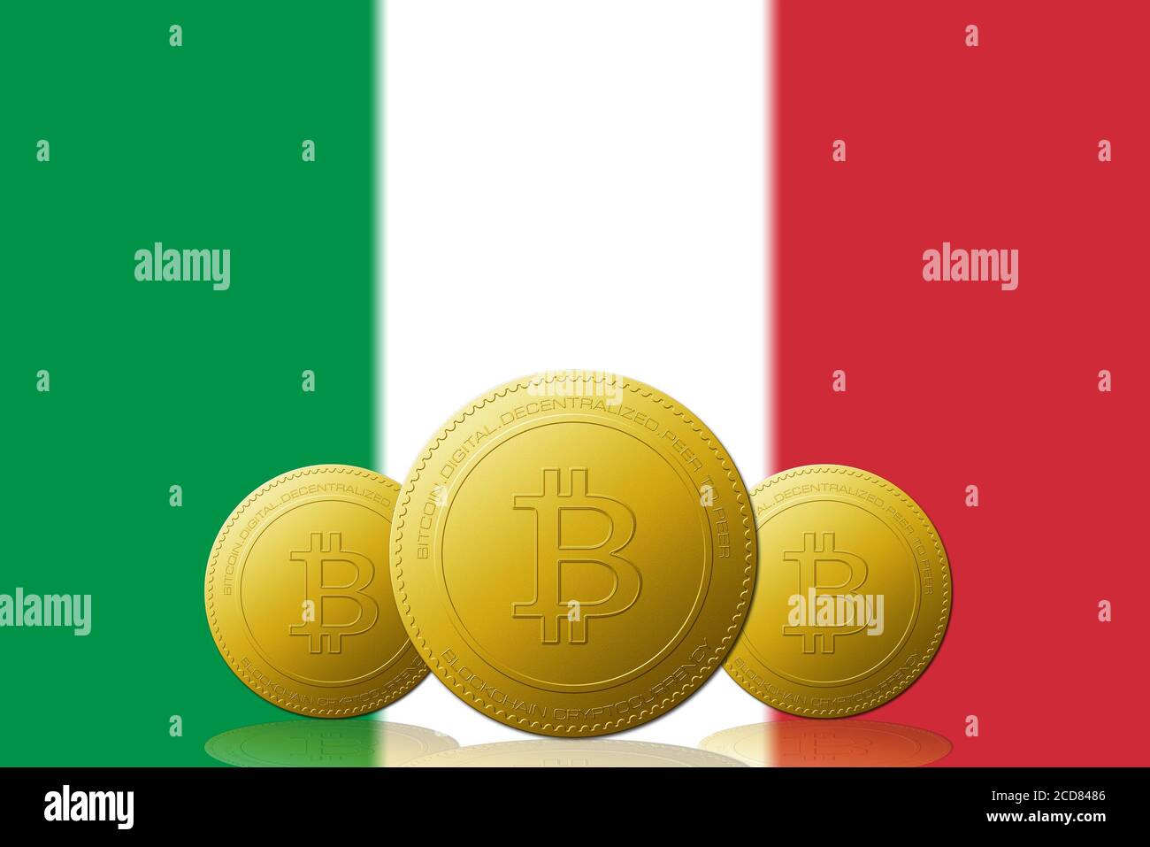 Three Bitcoins cryptocurrency with Italy flag on background Stock Photo ...