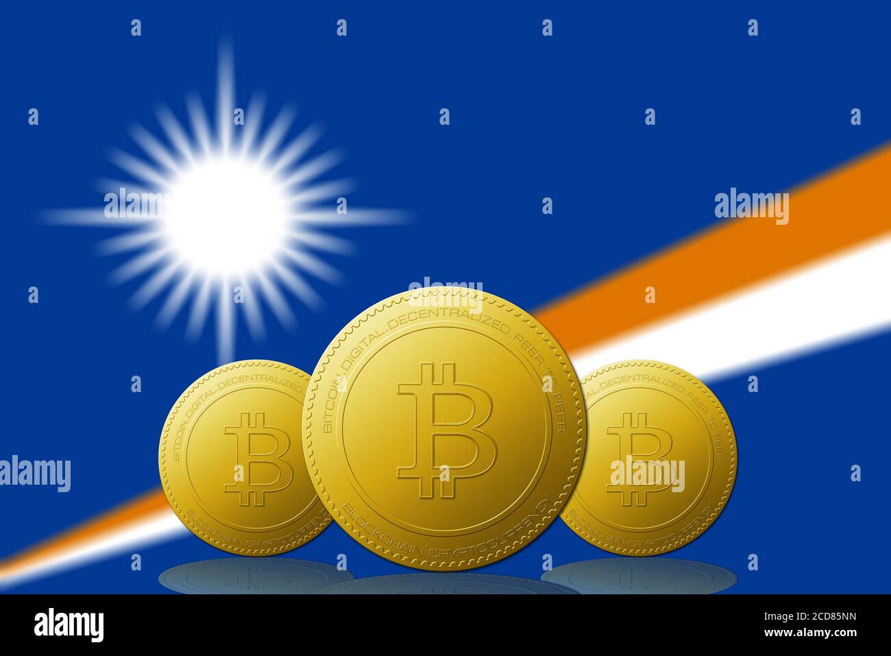 Three Bitcoins cryptocurrency with Marshall Islands flag on background ...