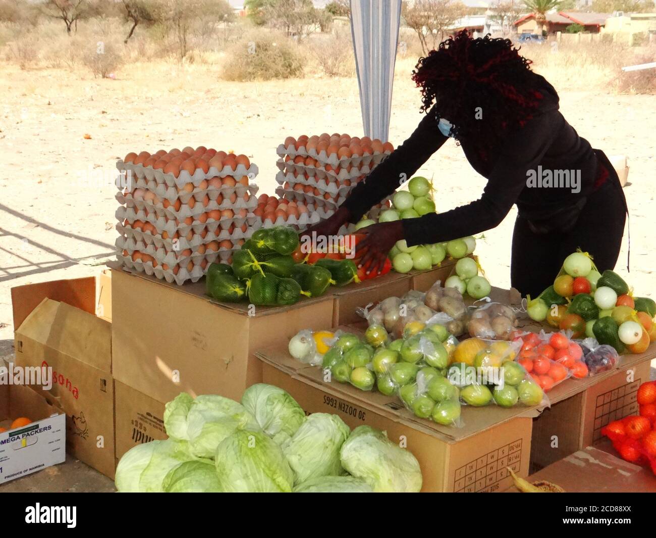 Windhoek, Namibia. 26th Aug, 2020. A vendor arranges vegetables in ...