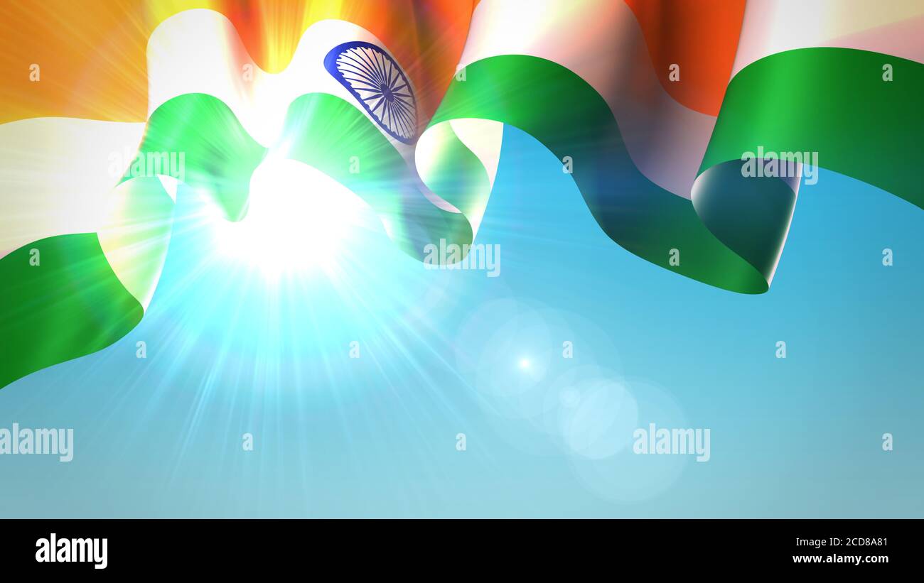 The sun shines through the waving flag of india. Waving indian flag on ...