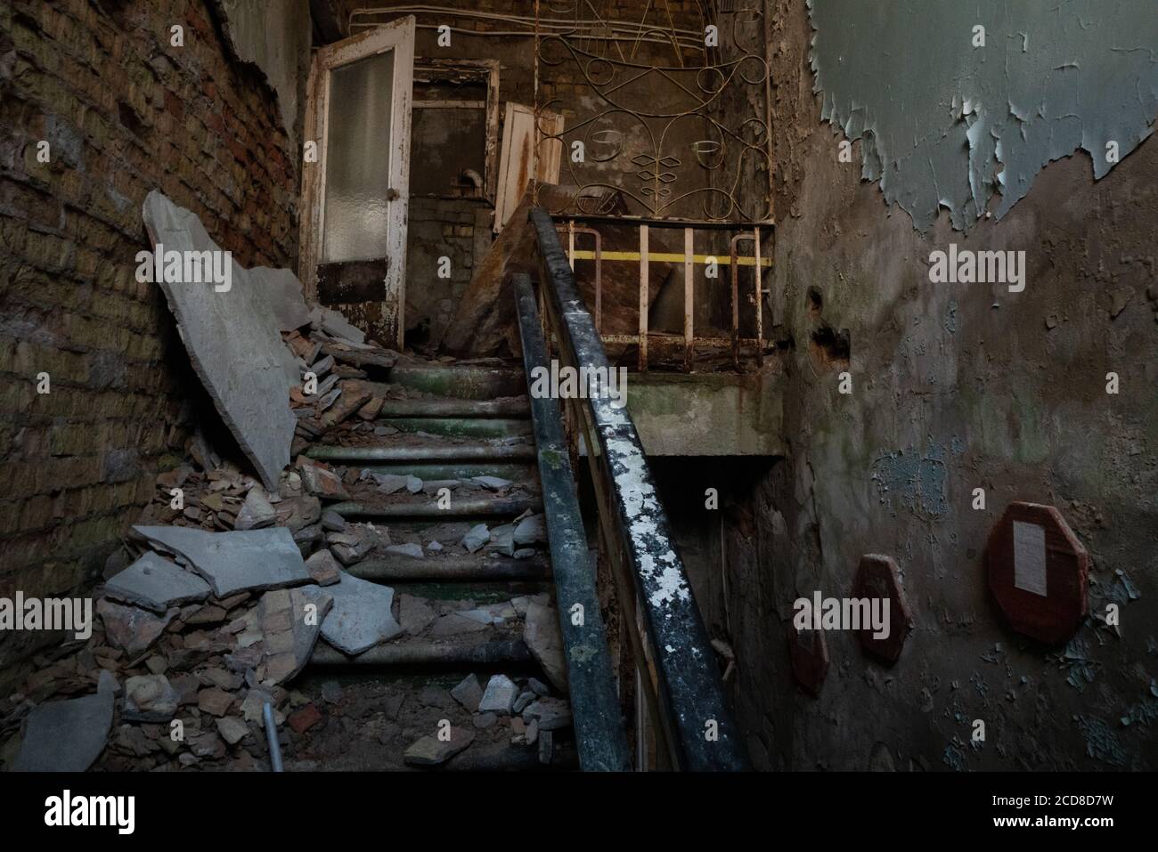 Destroyed stairs to the second floor in a kindergarten in the city of ...