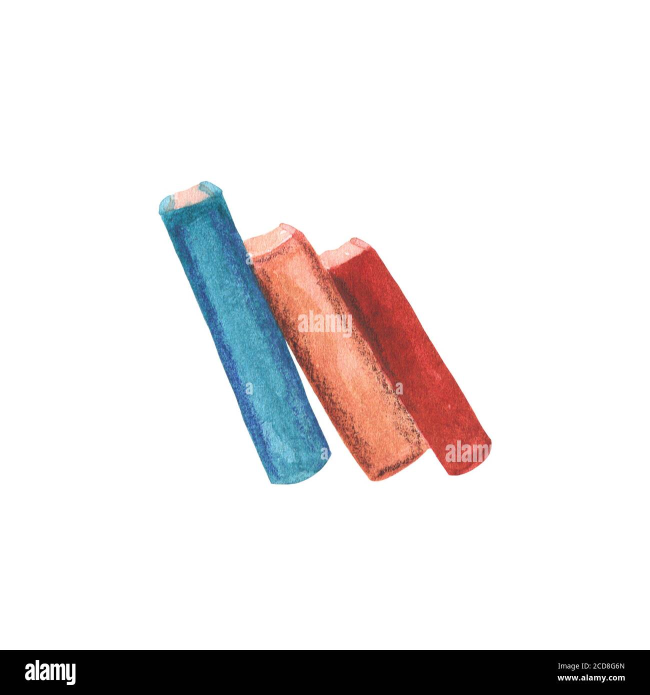 Book row watercolor illustration on white background. Three leaned ...