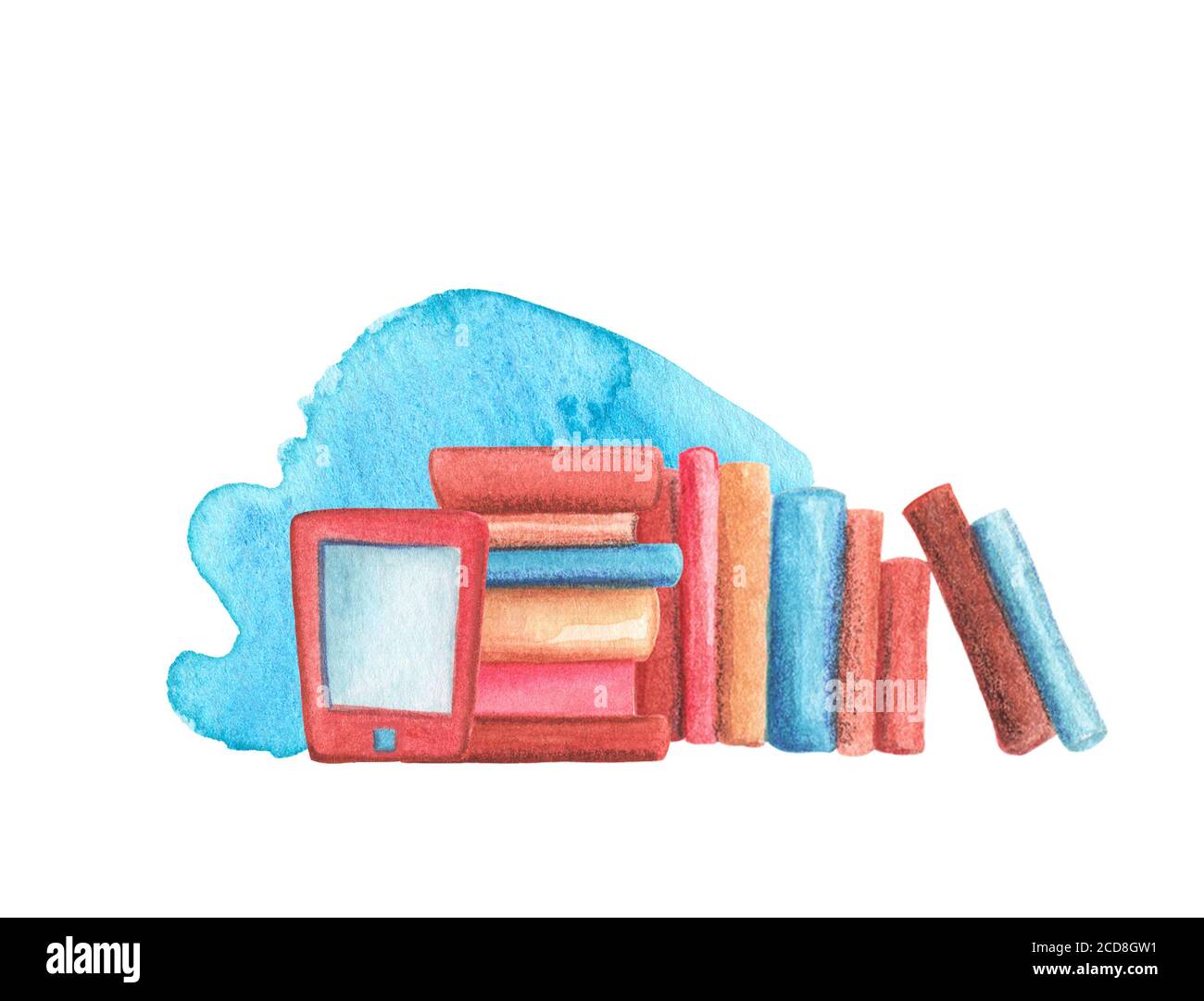Book row and e-reader watercolor illustration. Children education ...
