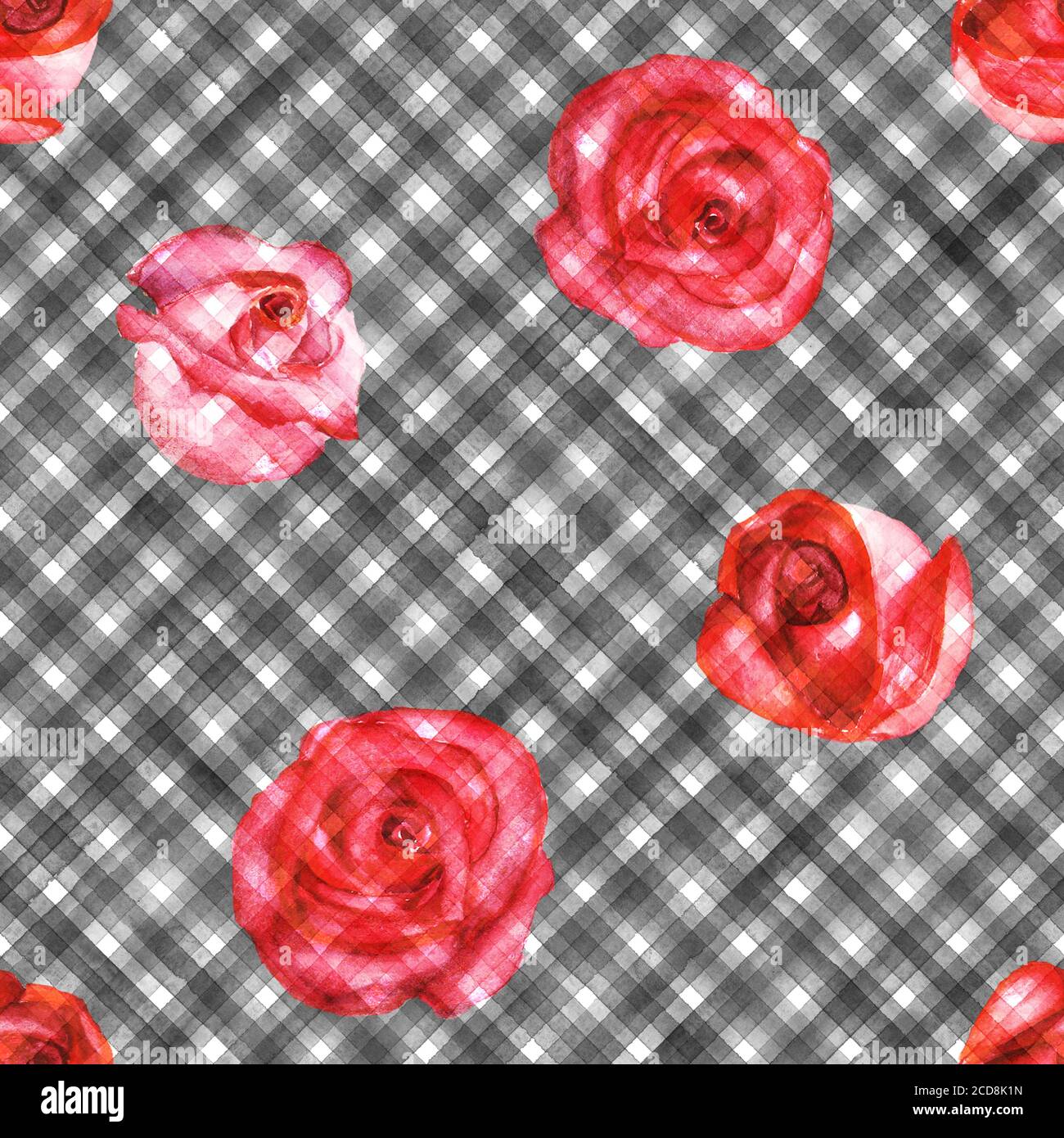 Background with watercolor pink red roses on black and white stripes ...