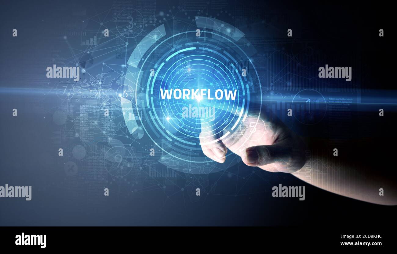 Hand touching WORKFLOW button, modern business technology concept Stock ...