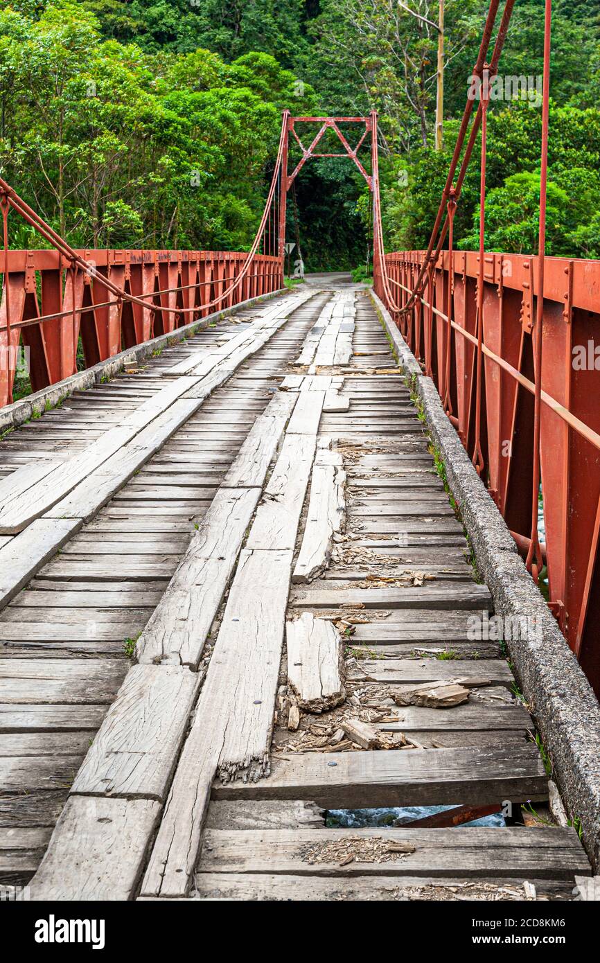 Dilapidated bridge to the National Park of Tapanti near Orosi, Costa ...