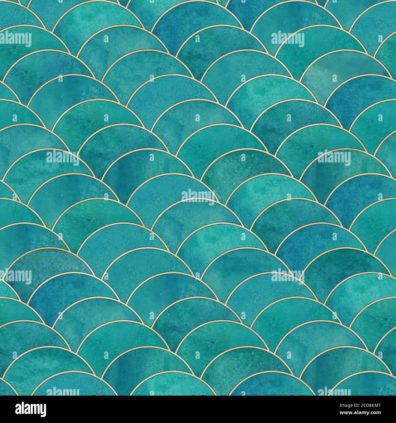 Mermaid fish scale wave japanese seamless pattern. Watercolor hand ...