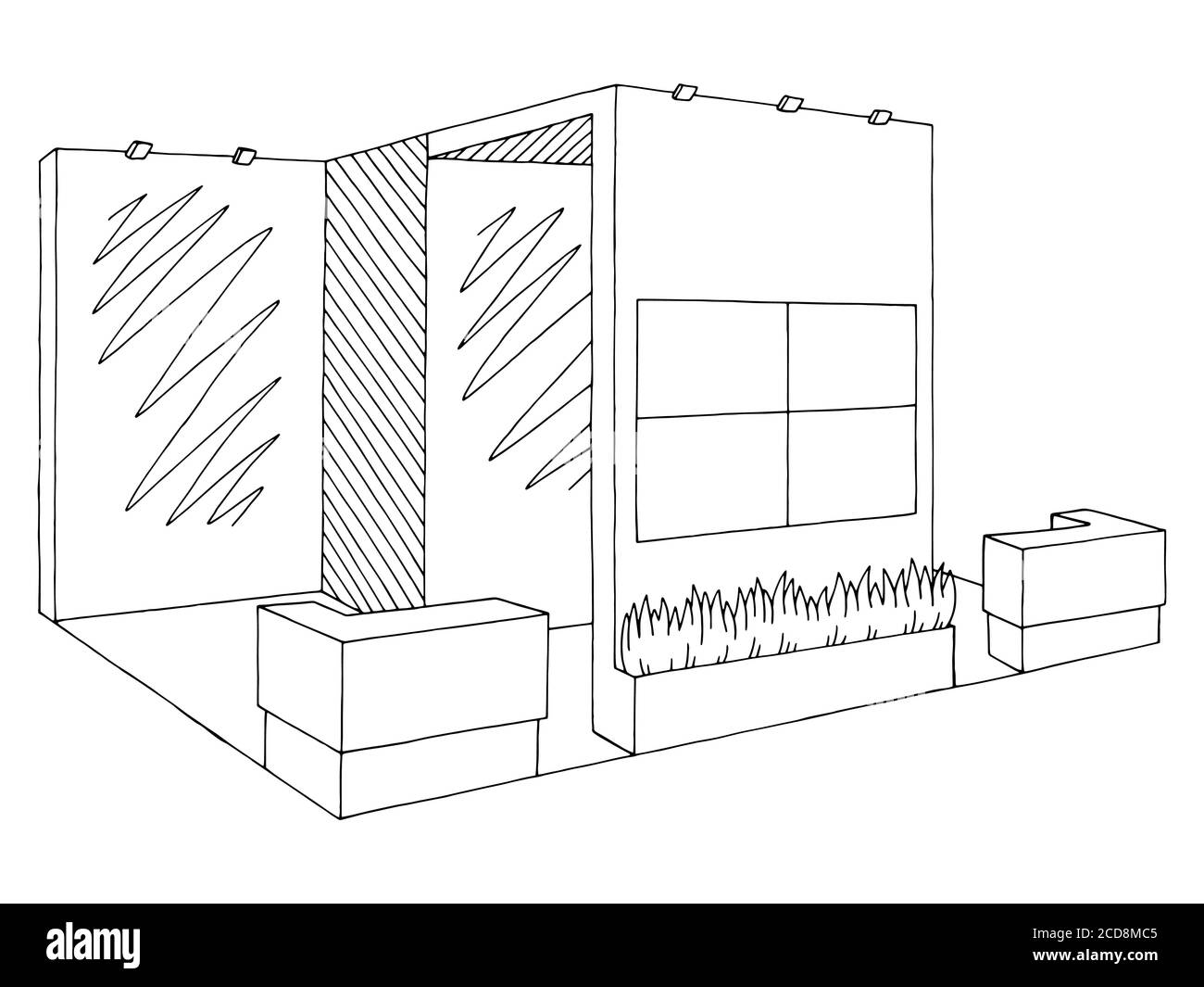 Exhibition stand graphic interior black white sketch illustration ...