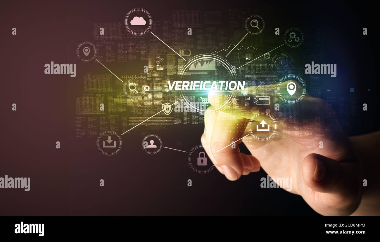Hand touching VERIFICATION inscription, Cybersecurity concept Stock ...