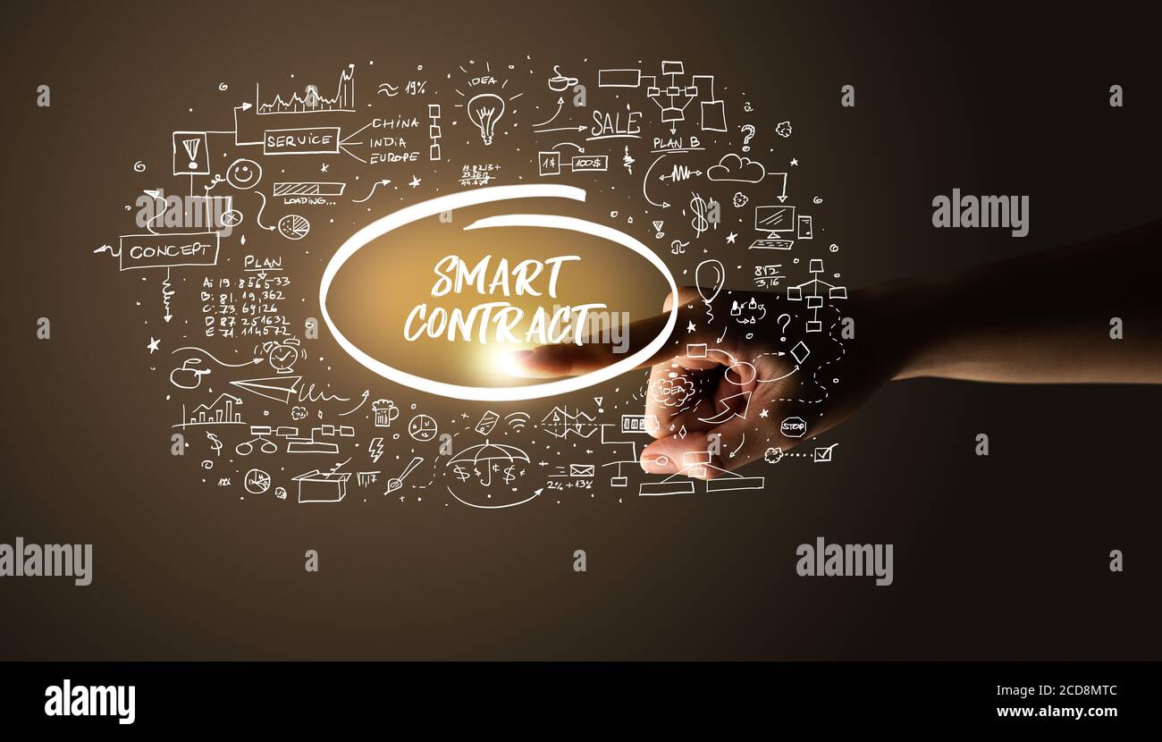 Hand touching SMART CONTRACT inscription, hand drawn icons around ...