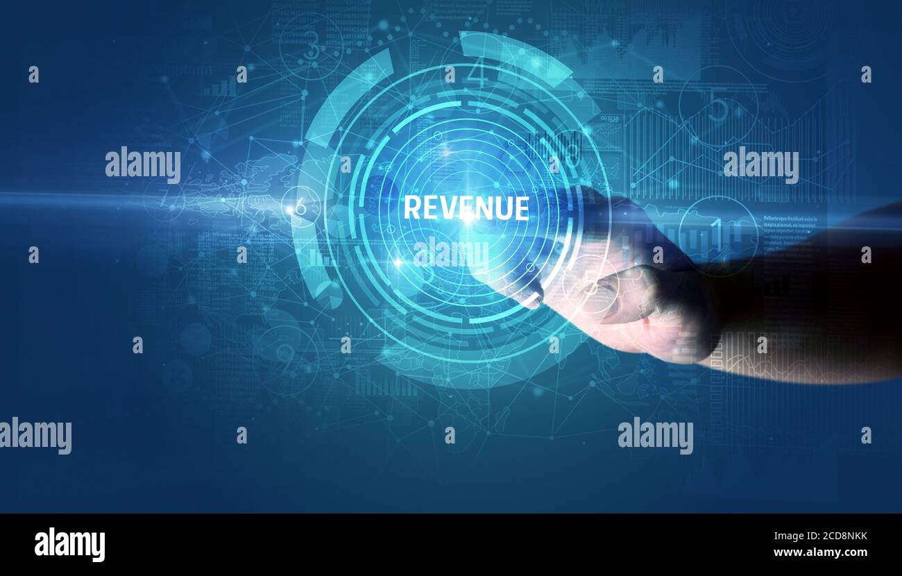 Hand touching REVENUE button, modern business technology concept Stock ...