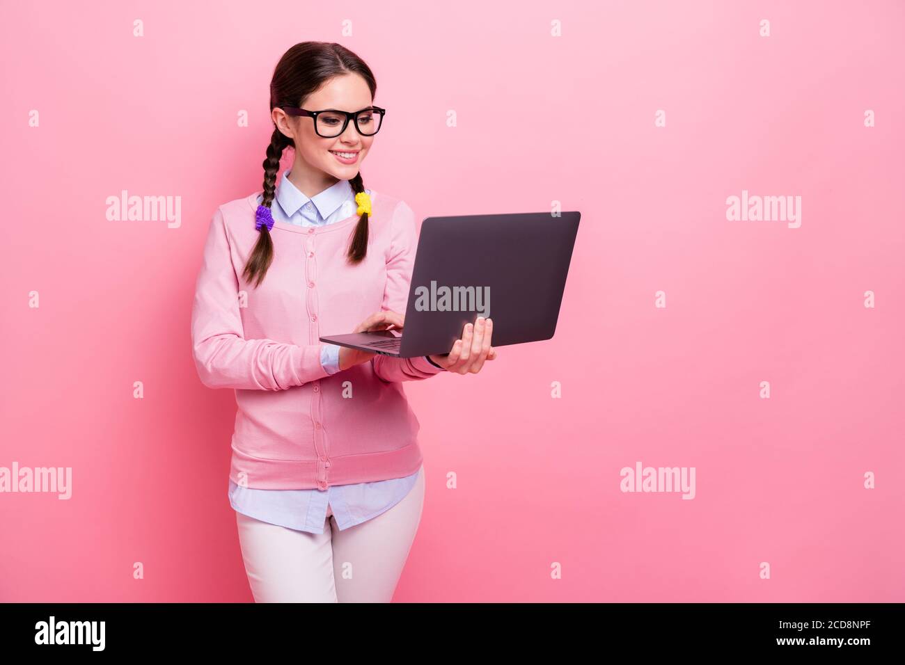 Profile photo of attractive student lady good mood hold computer ...