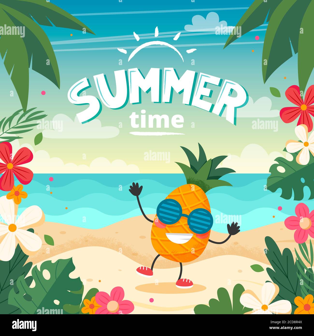 Summer time card with pineapple character, beach landscape, lettering ...