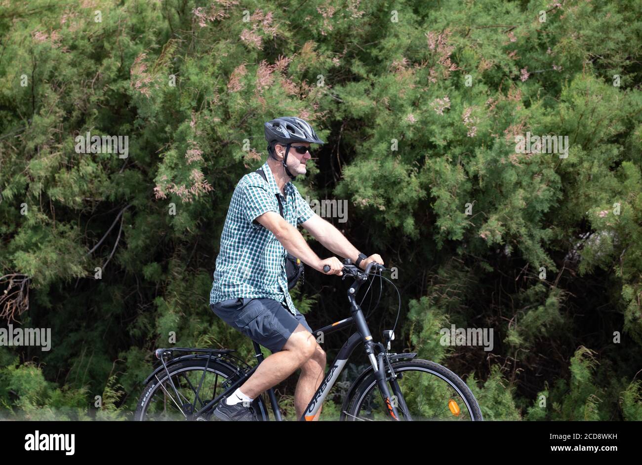A man riding a bike along the seafront in Brighton, East Sussex, UK ...
