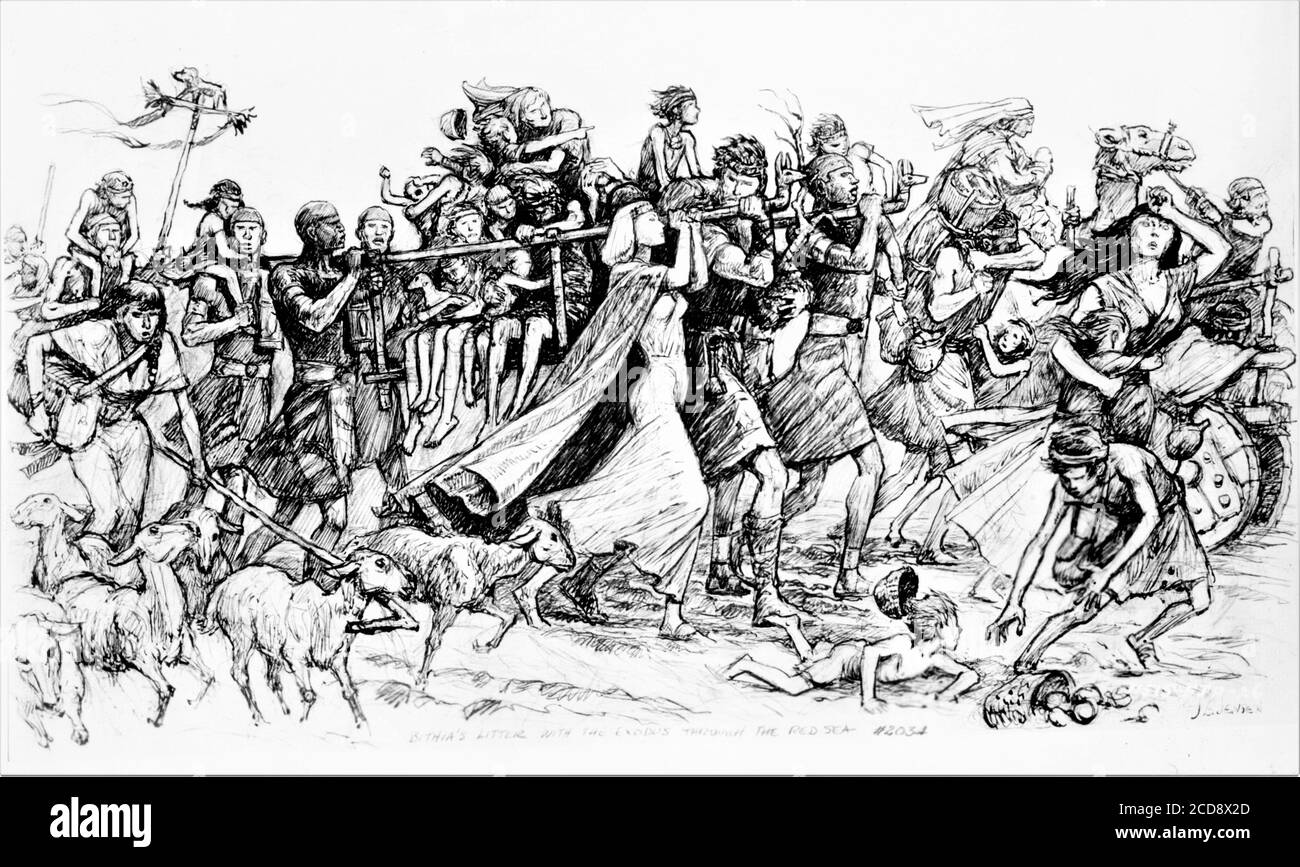 Ten commandments moses at red sea Black and White Stock Photos & Images ...