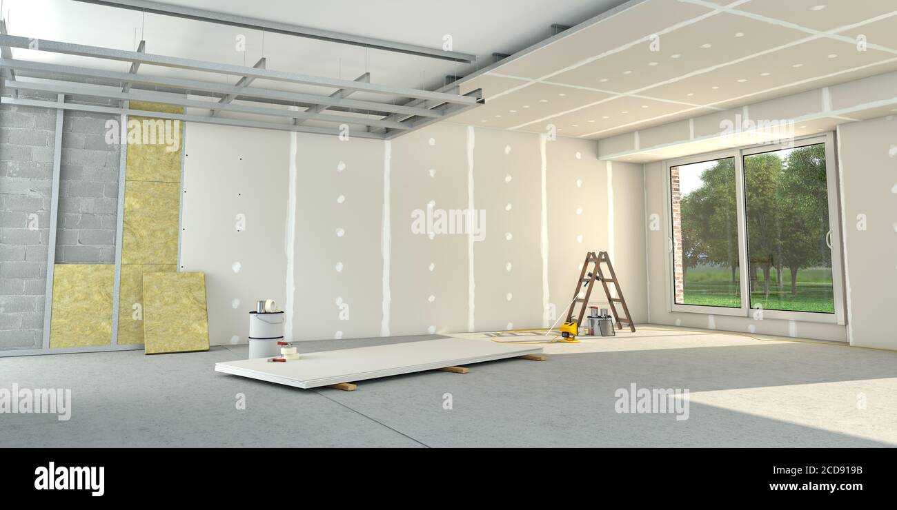 3D rendering of a house interior under renovation works Stock Photo - Alamy