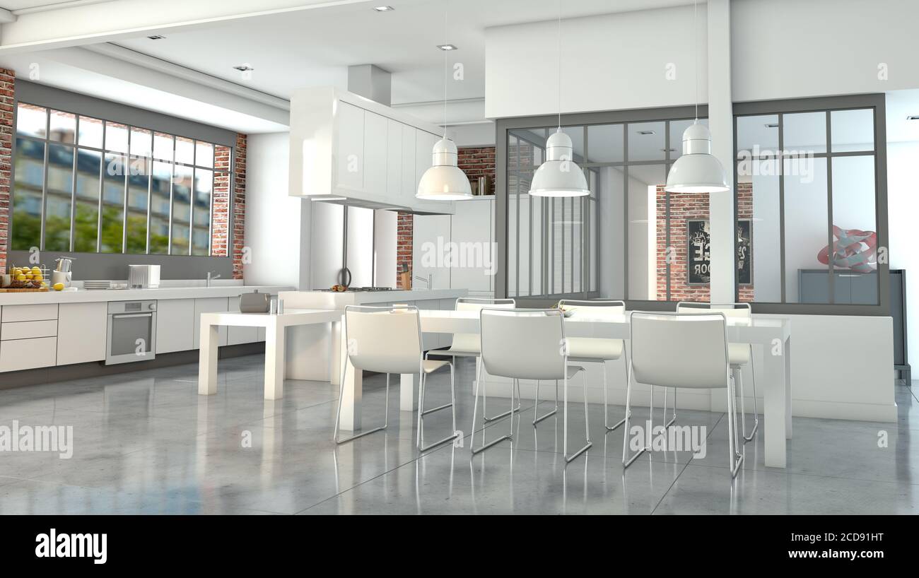 Impressive modern kitchen 3D rendering Stock Photo - Alamy