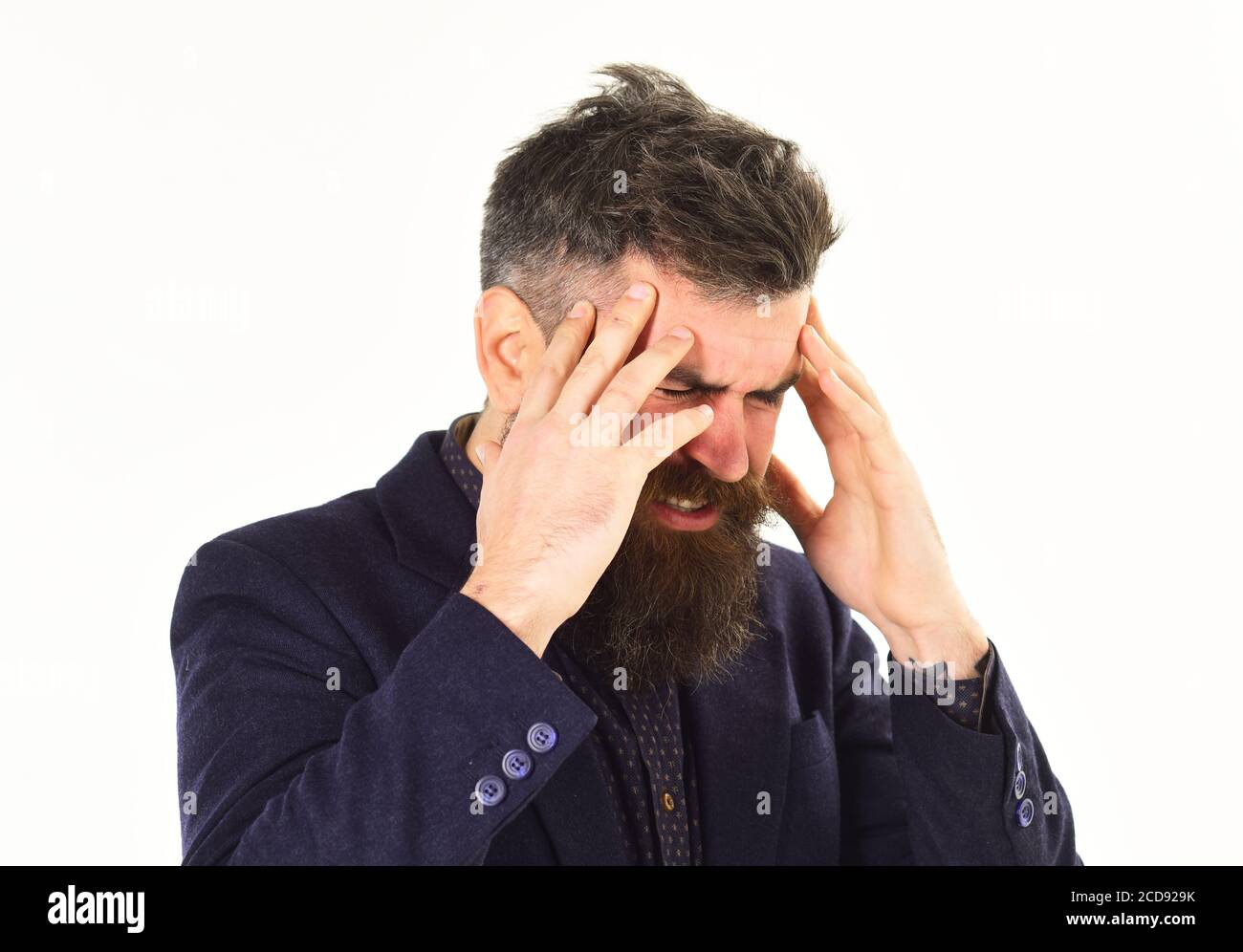 Brutal man suffers from ache. Stressed boss concept. Bearded man with ...