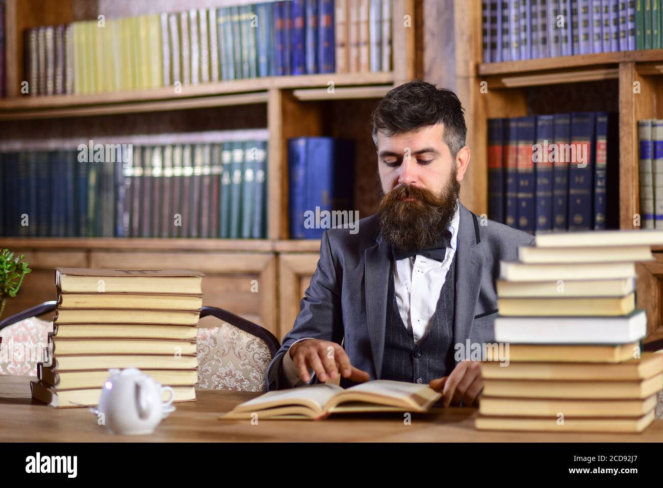 Research and studying concept. Man in classic suit, professor with ...