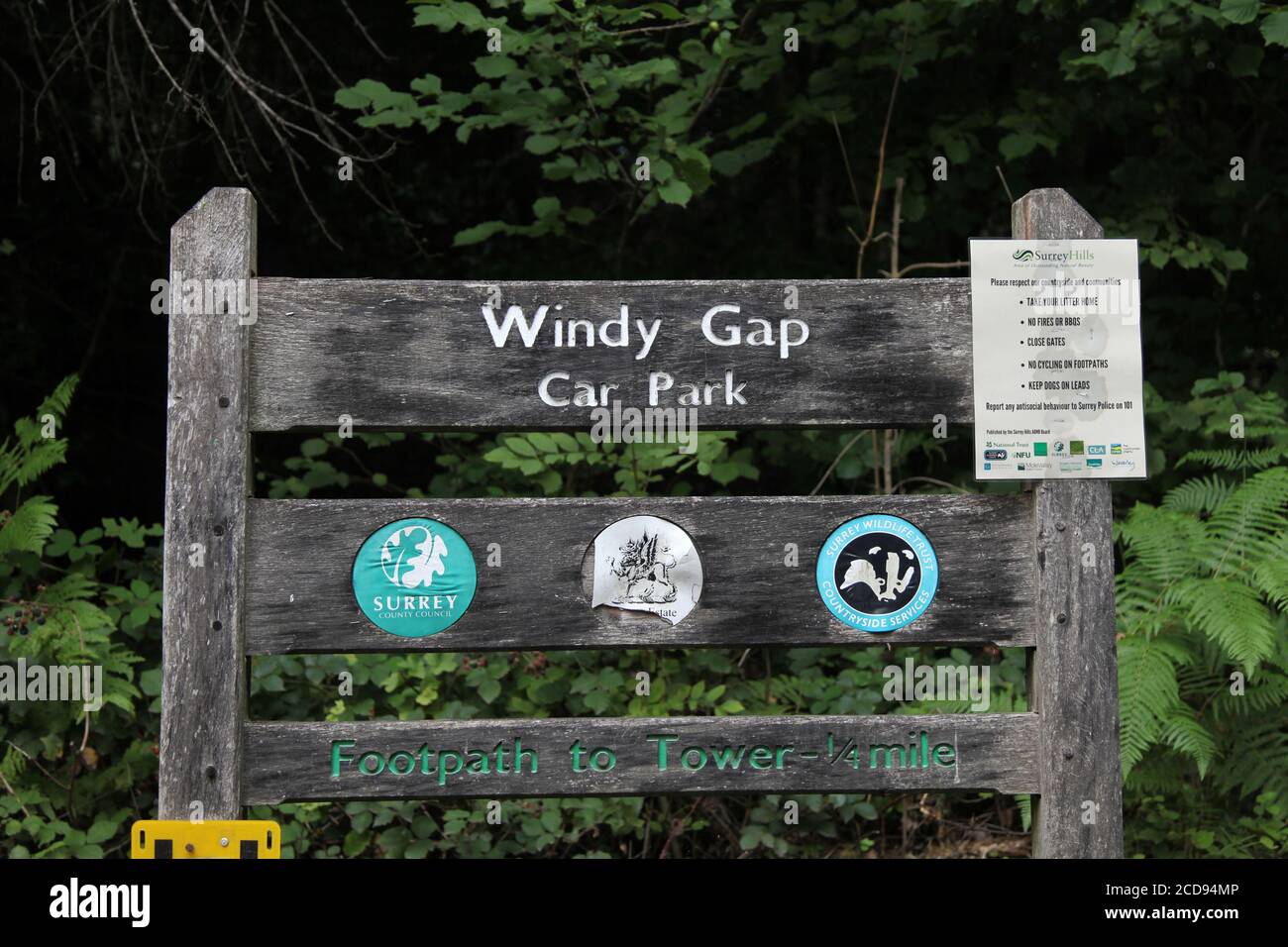 Windy Gap car park at base of Leith Hill Tower, a National Trust site in Surrey, England, UK ...