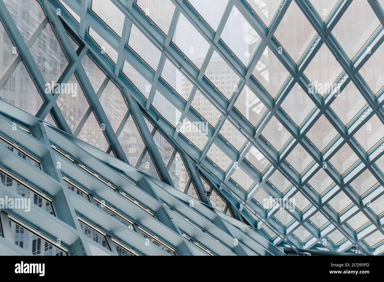 Low angle shot of modern building interior with glass windows Stock ...