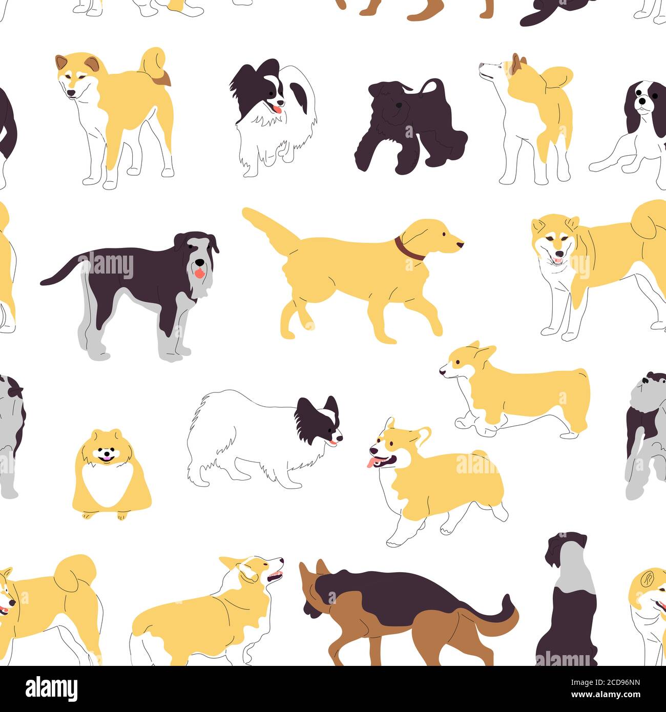 Repeat seamless pattern with flat style different cute dogs on white ...