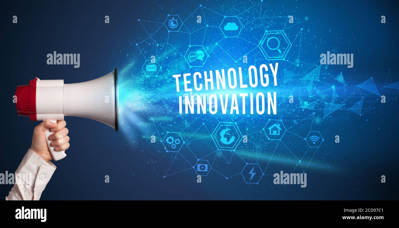 Young woman shouting in megaphone with TECHNOLOGY INNOVATION ...