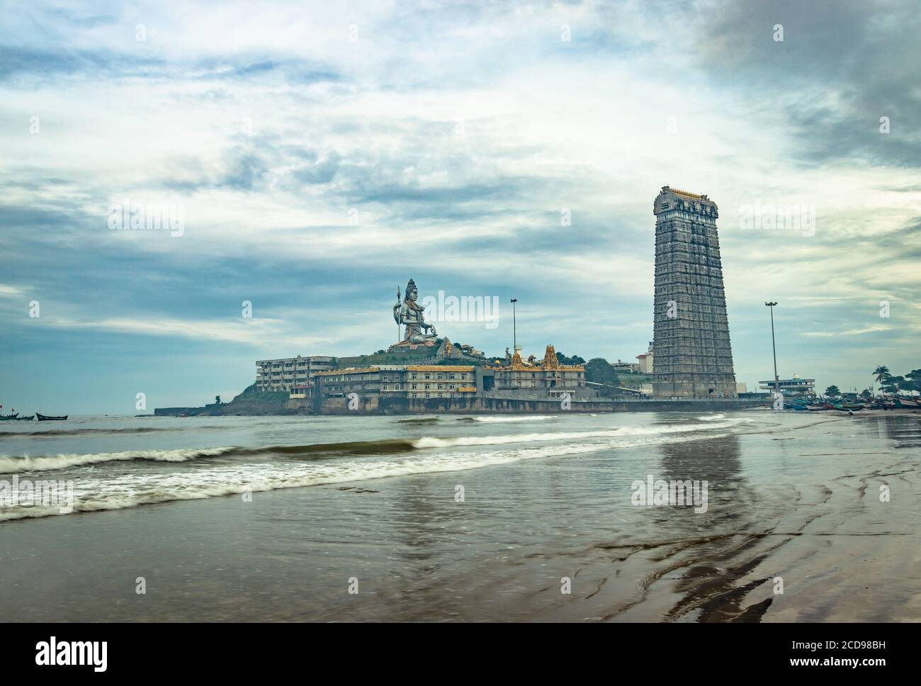 murdeshwar temple early morning view from low angle with sea waves ...