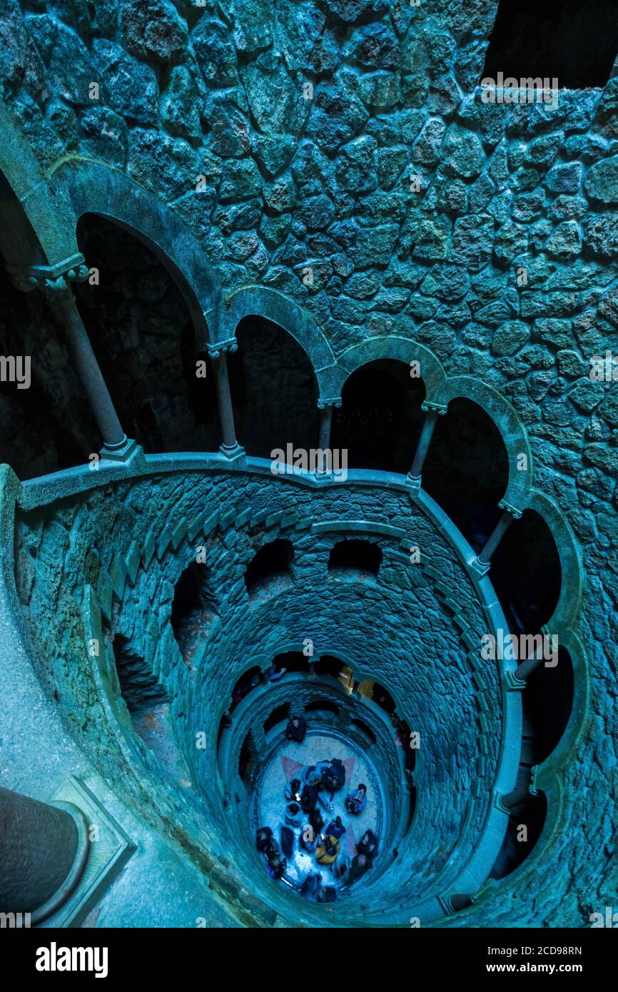 Portugal, Sintra, Quinta da Regaleira, reversed tower, once used as ...