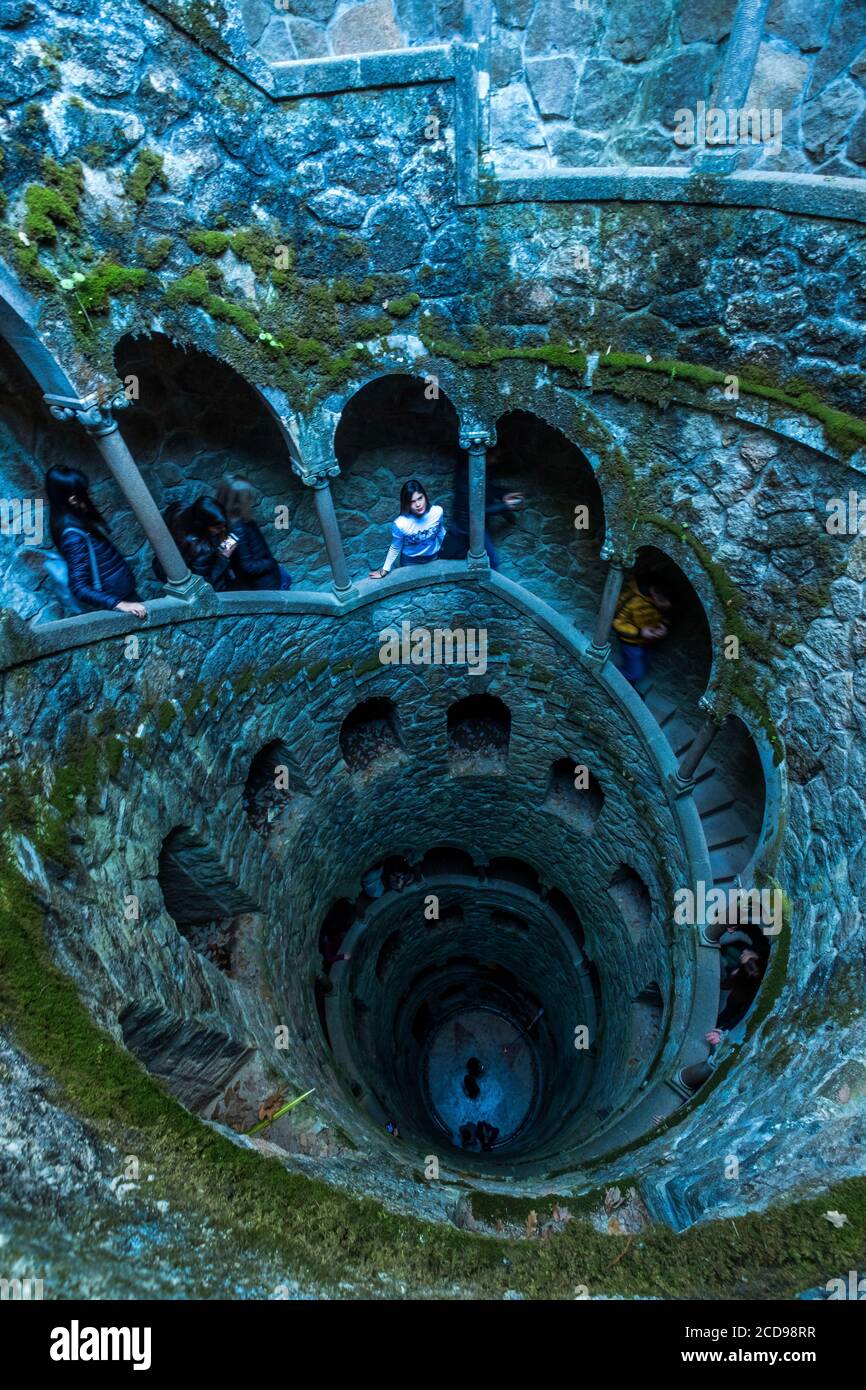 Portugal, Sintra, Quinta da Regaleira, reversed tower, once used as ...