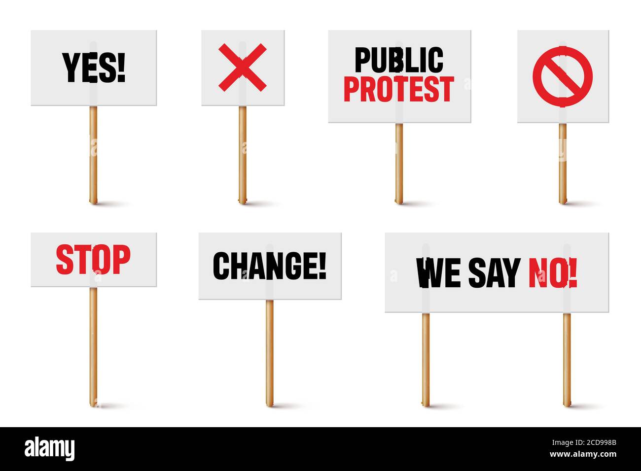 Protest signs with slogan on wooden holder. Realistic vector ...