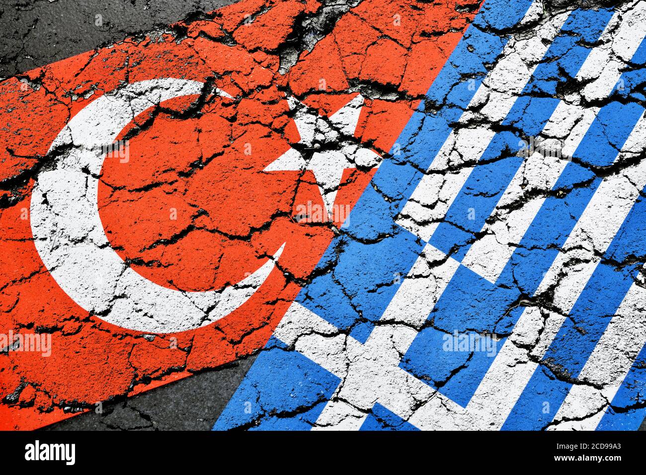 The flags of Turkey and Greece on broken ground, Aegean dispute Stock ...