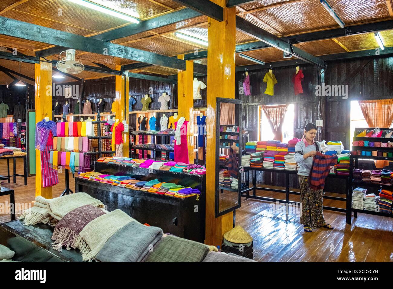 Myanmar (Burma), Shan State, Inle Lake, weaving in Lotus yarn Stock ...