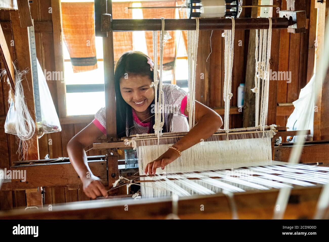 Myanmar (Burma), Shan State, Inle Lake, weaving in Lotus yarn Stock ...