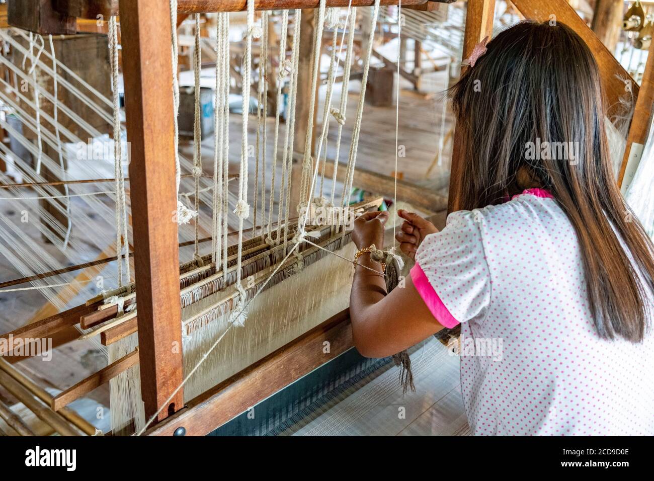 Myanmar (Burma), Shan State, Inle Lake, weaving in Lotus yarn Stock ...