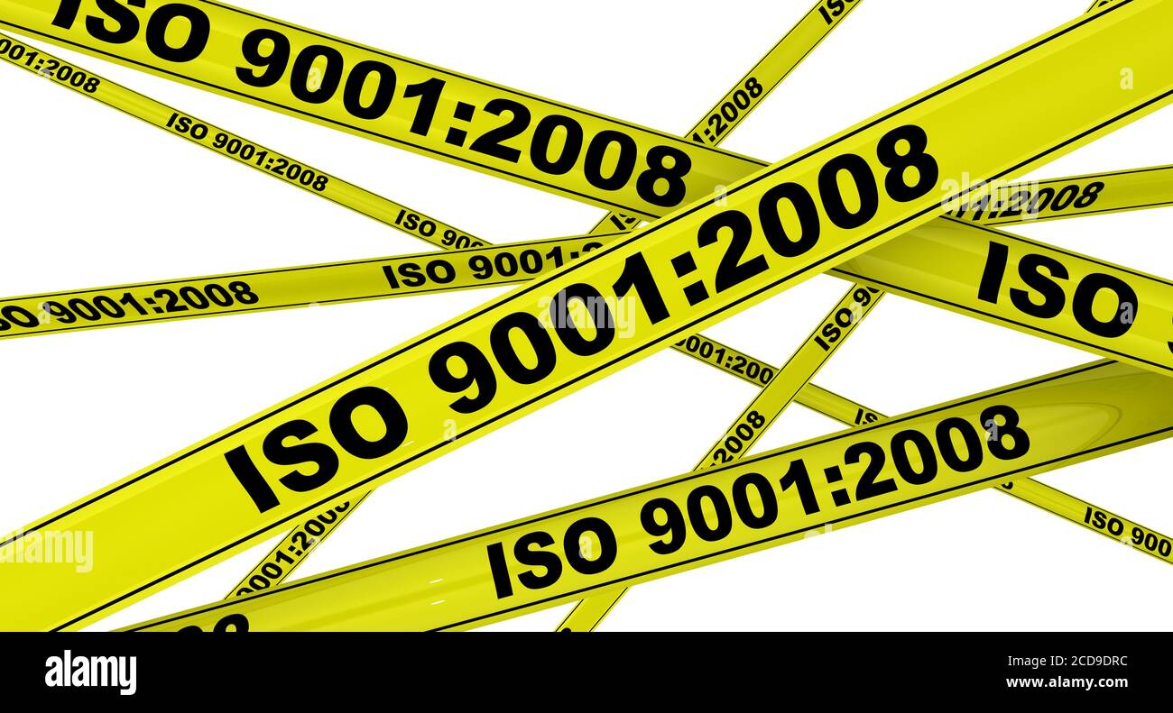 ISO 9001:2008. Yellow warning tapes with black inscription ISO 9001: ...