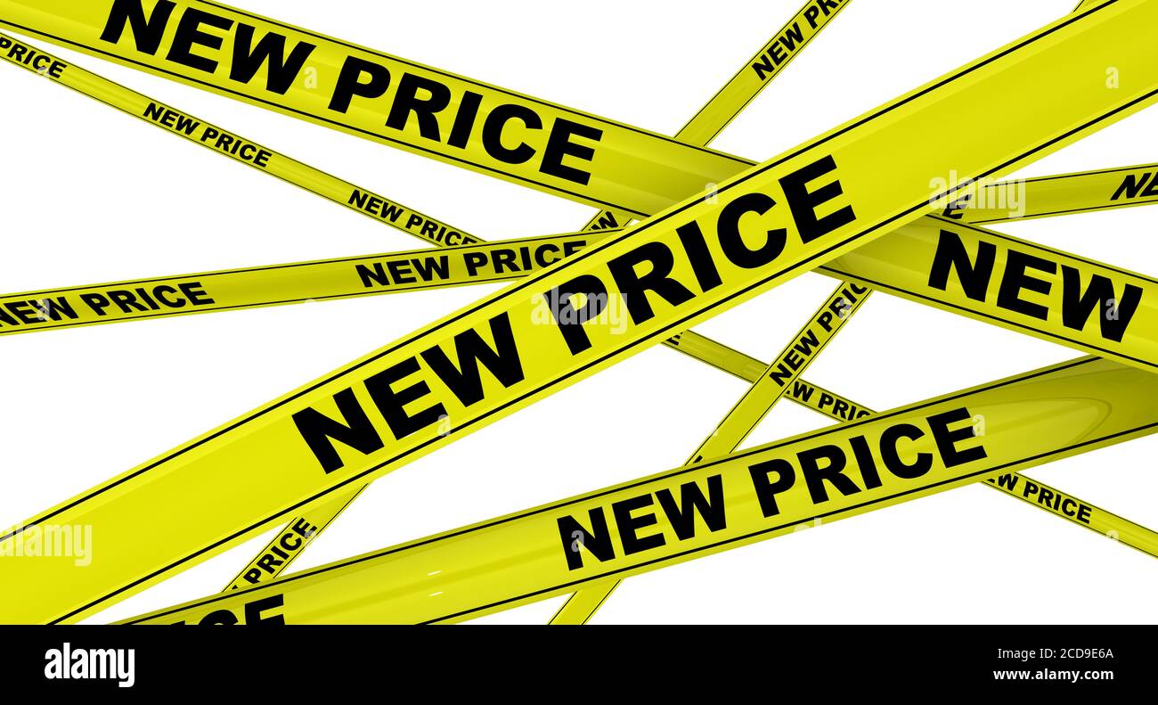 New price. Yellow warning tapes with inscription NEW PRICE. Isolated ...