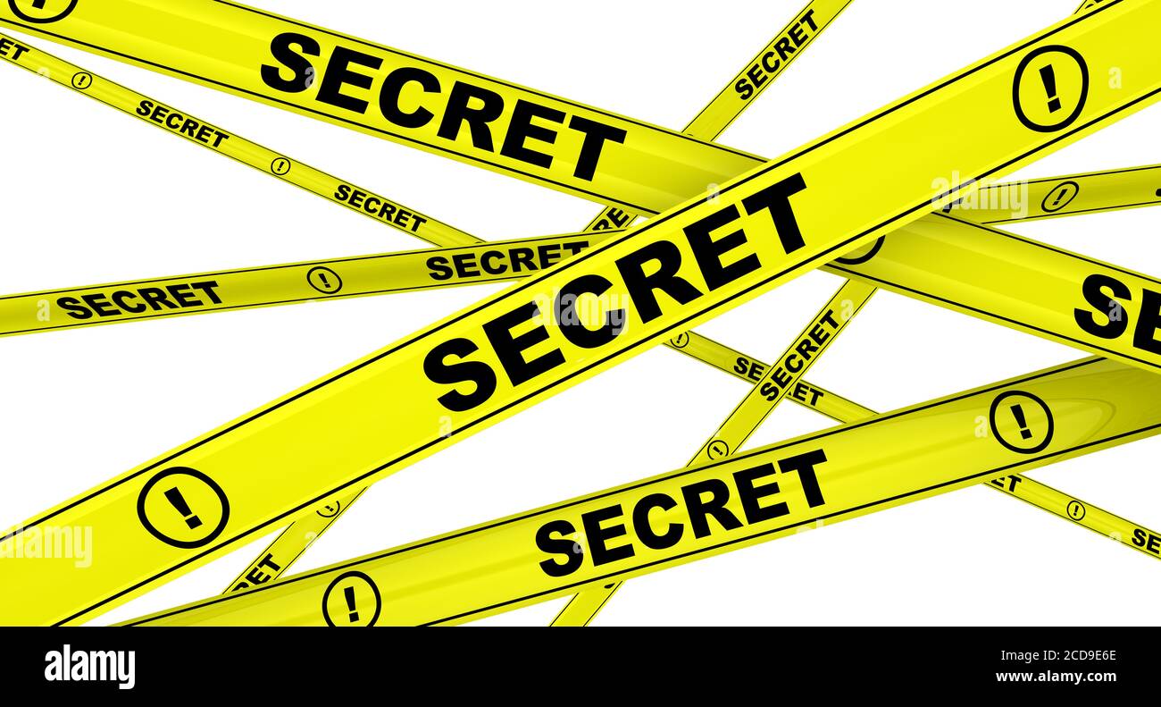 Secret. Yellow warning tapes with black text SECRET Isolated. 3D ...