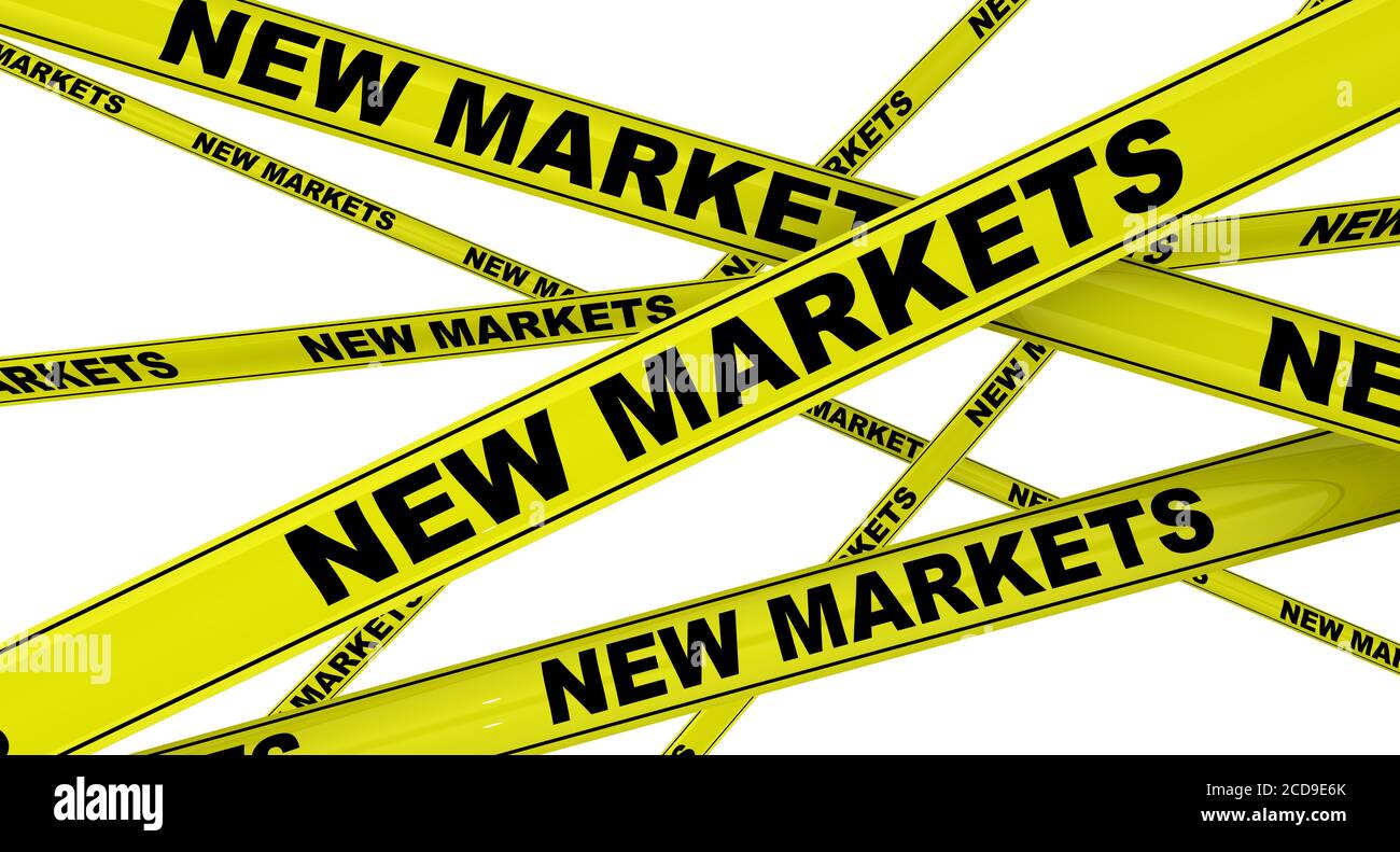 New markets. Yellow warning tapes with black text NEW MARKETS. Isolated ...