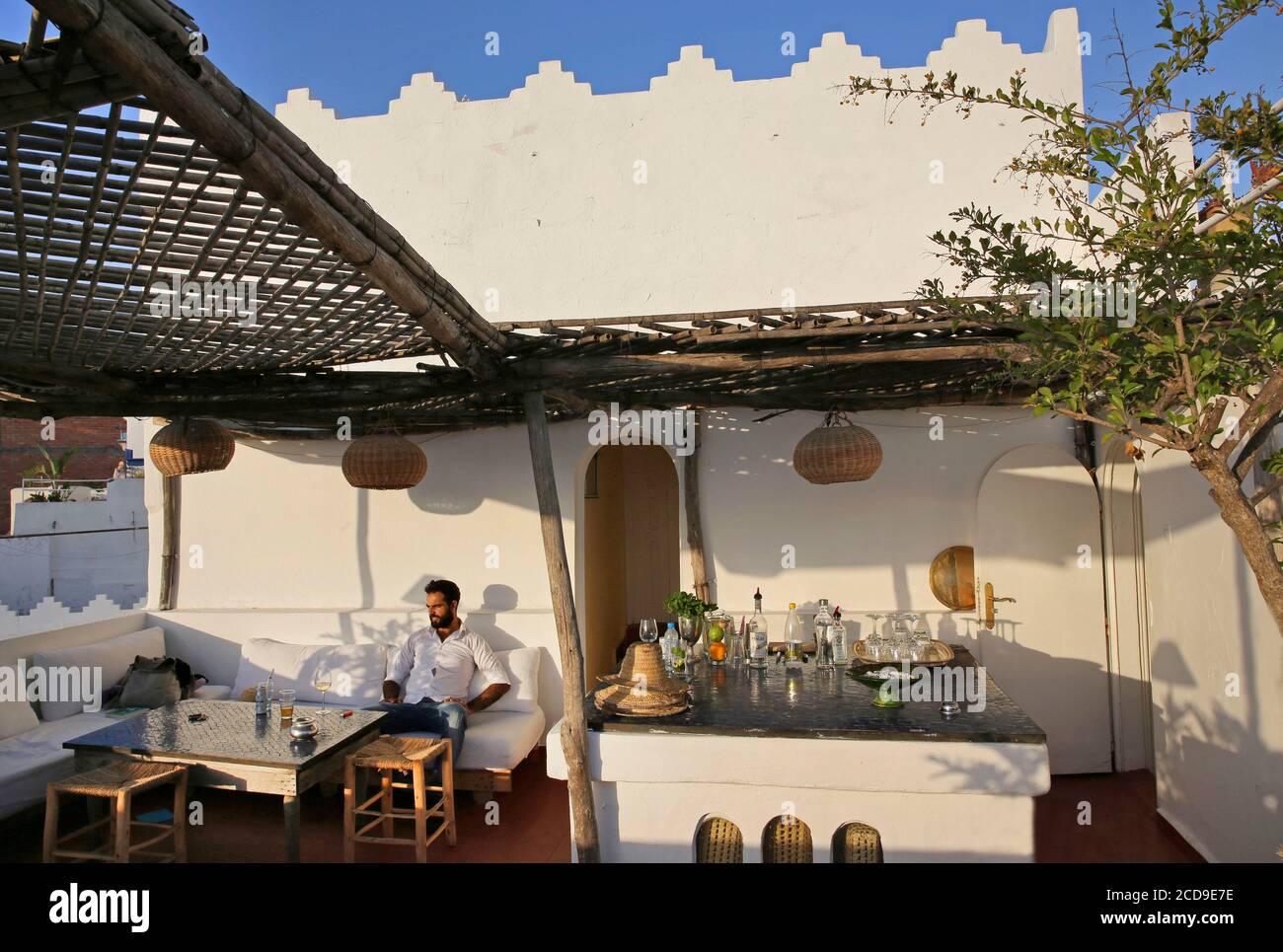Morocco, Tangier Tetouan region, Tangier, hotel Dar Nour, man sitting ...