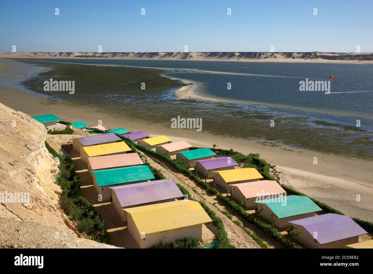 Morocco, Western Sahara, Dakhla, colorful roofs of the hotel PK25 ...