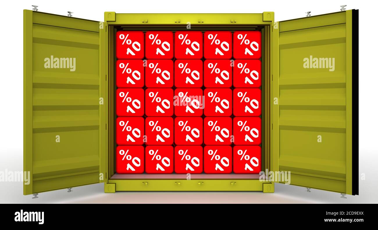 Container filled with 10 percentage discounts.The open yellow cargo ...