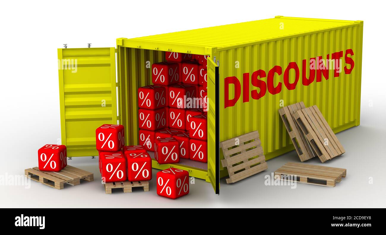 Container filled with discounts. Full yellow Cargo container filled ...