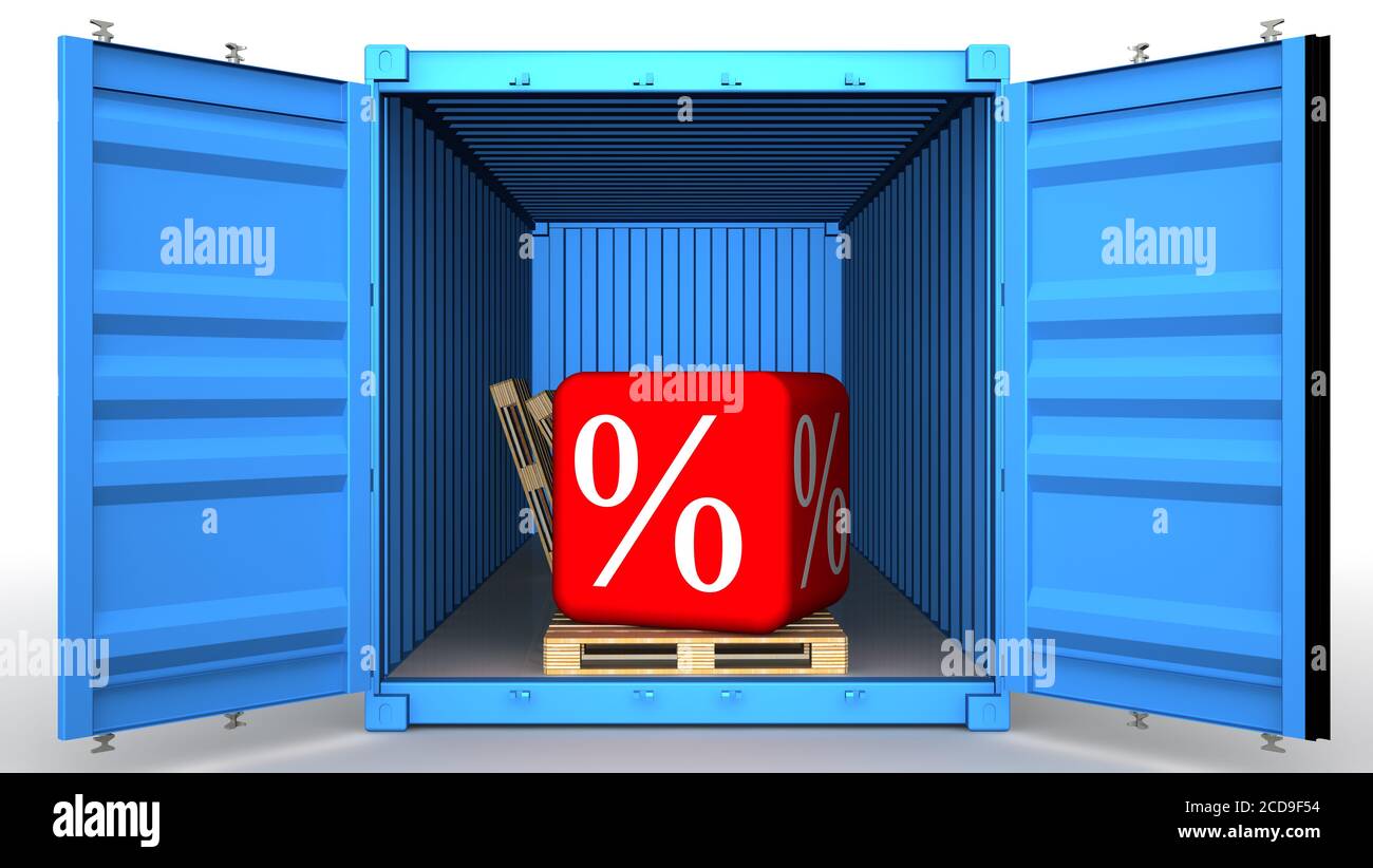 Cargo container with percentage discount. Open blue cargo container ...