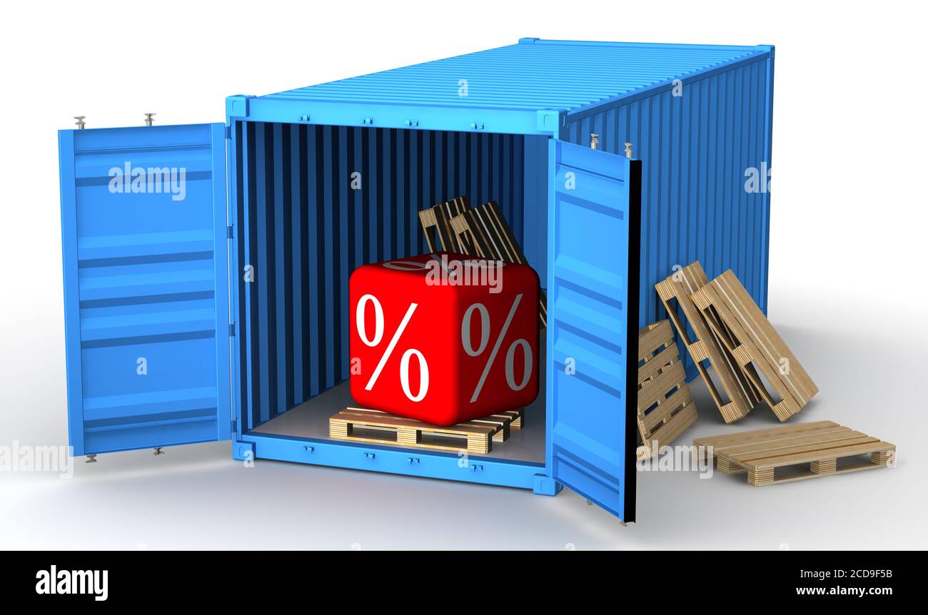 Cargo container with percentage discount. Open blue cargo container ...