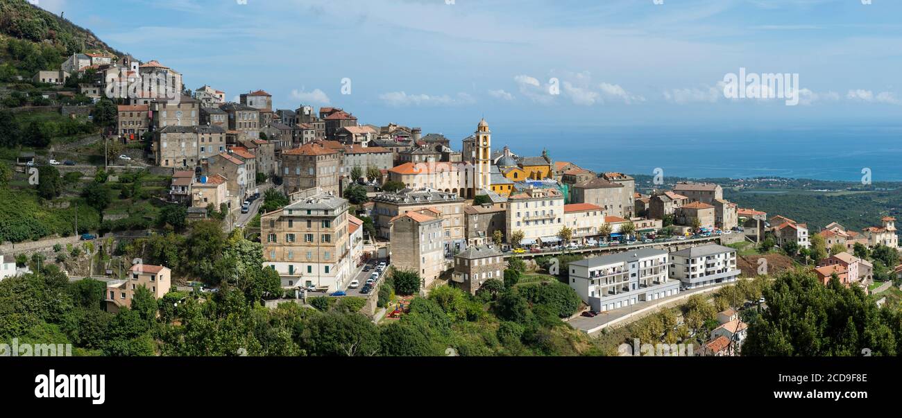 France, Haute Corse, Cervione, panoramic view of the village that ...