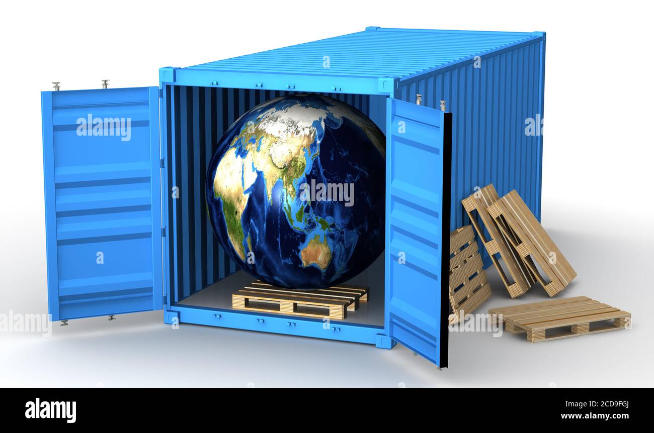 Worldwide delivery of goods. Globe on a pallet in the open cargo ...