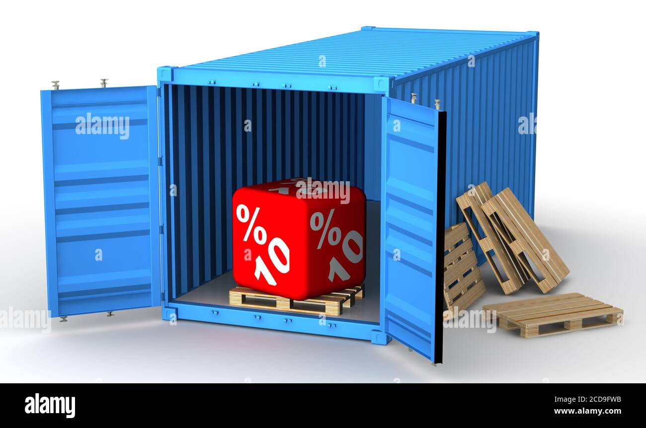 Cargo container with ten percentage discount. Open blue cargo container ...