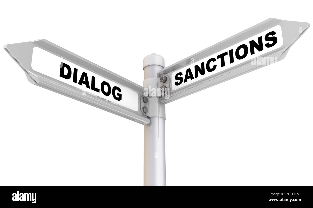 Dialog and sanctions. The way mark. Road sign with black words DIALOG ...